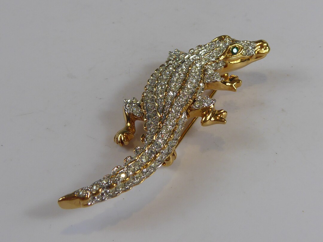 Signed SWAROVSKI ALLIGATOR Pin Brooch 22KT Gold Plated RARE - Etsy