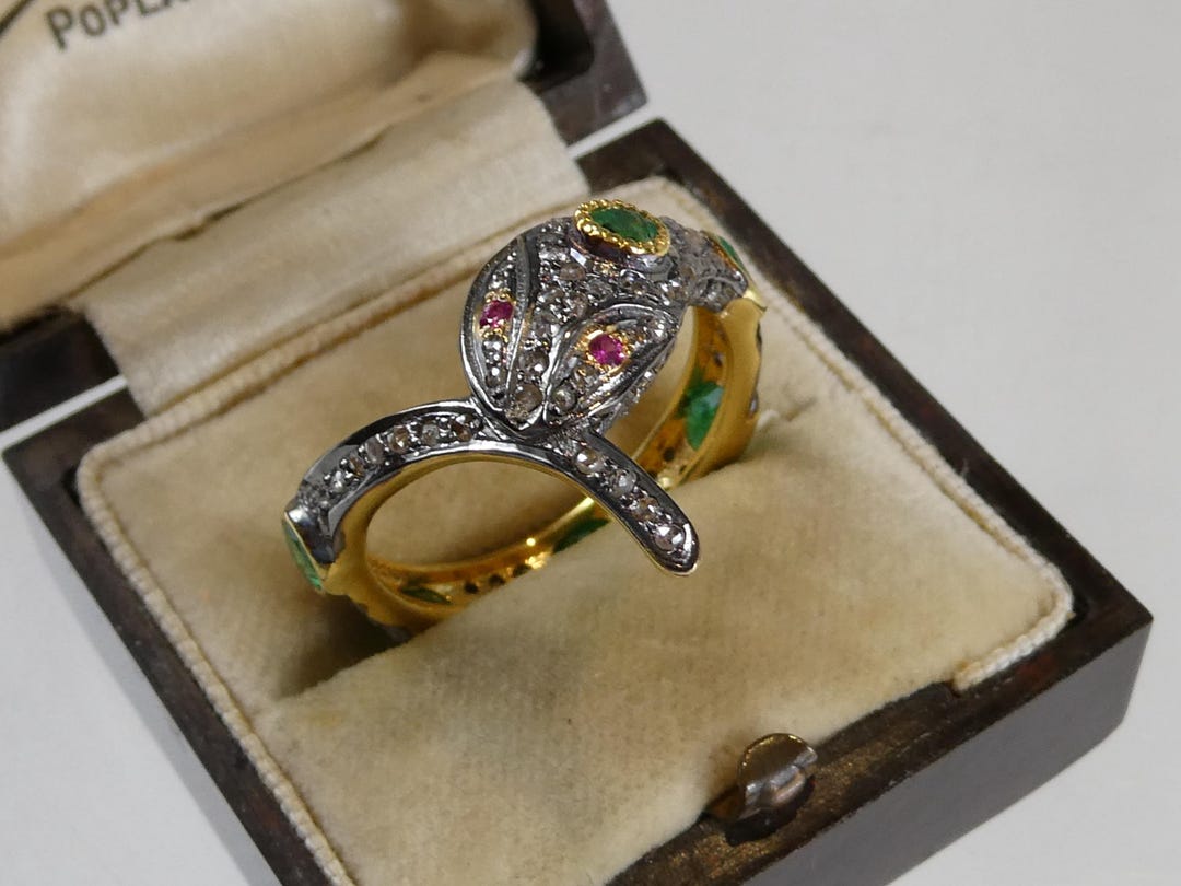 Fine Silver Gold Real Emerald, Ruby & Diamond Set Snake Ring - Etsy