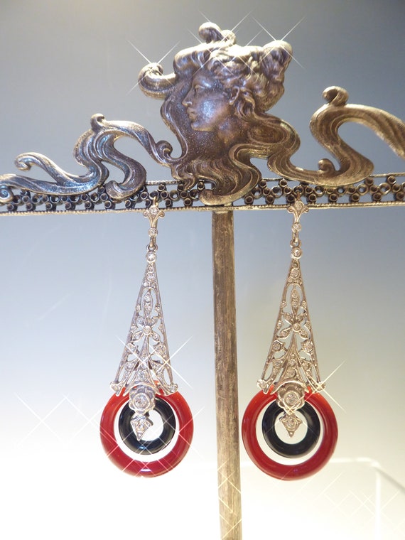 Fine Pair Art Deco Style 9ct Gold & Silver Set Long D… - Gem