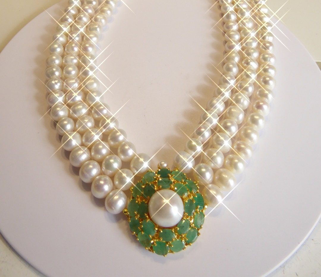 Fine Silver Gold Real Emerald & 6 Row Real Pearl Necklace - Etsy