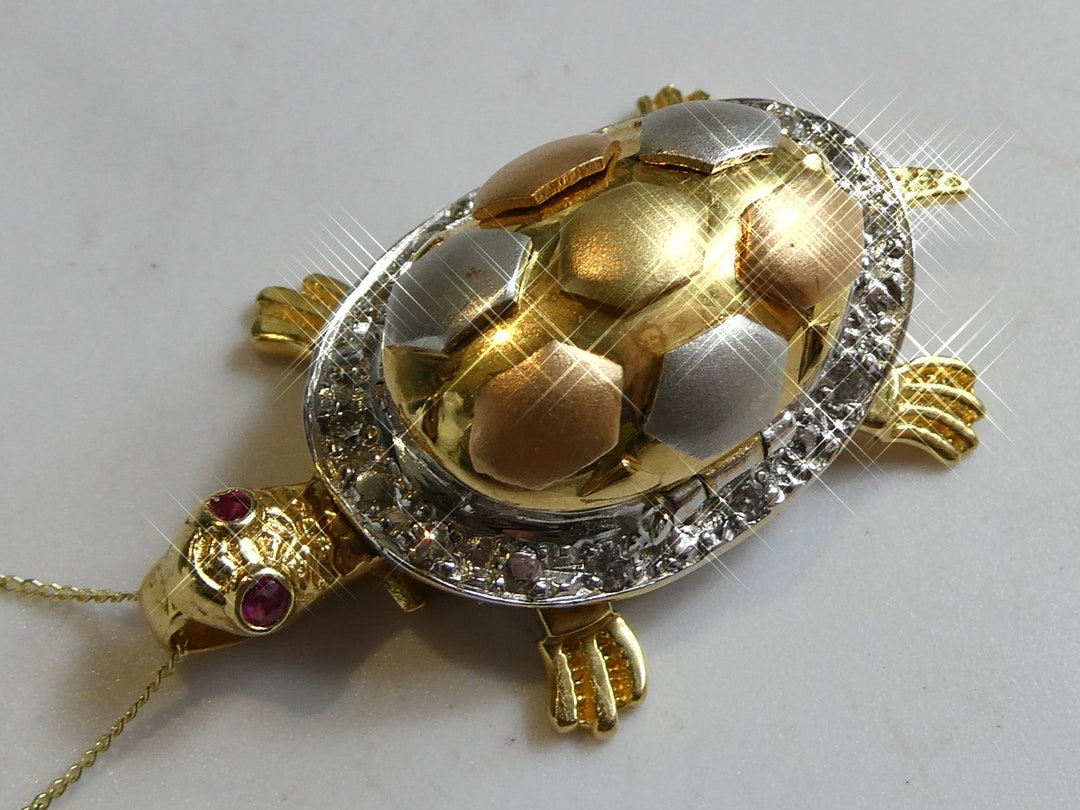 Superb Heavy Solid 18ct Gold Diamond & Ruby Set Opening Tortoise Locket ...