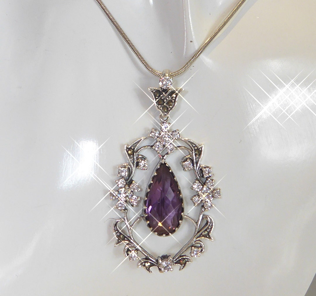 Pretty Silver Set Amethyst Glass Stone ,marcasite Set Lavalier Pendant ...