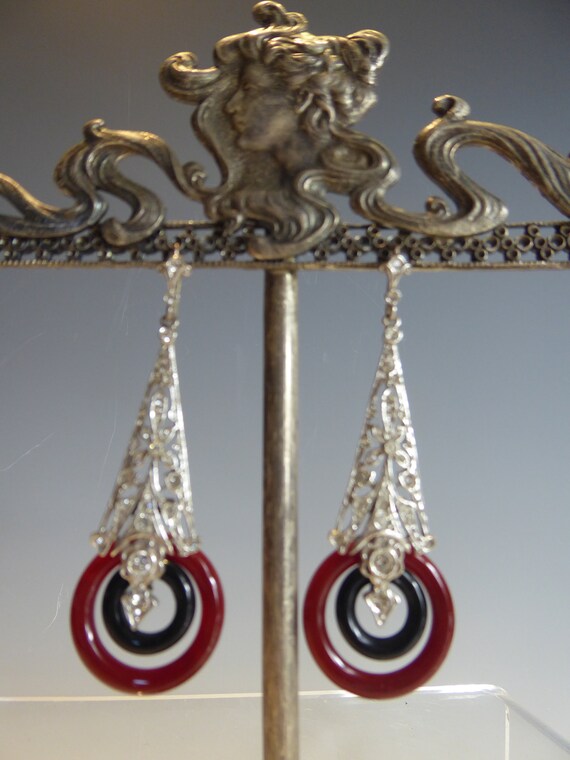Fine Pair Art Deco Style 9ct Gold & Silver Set Long D… - Gem