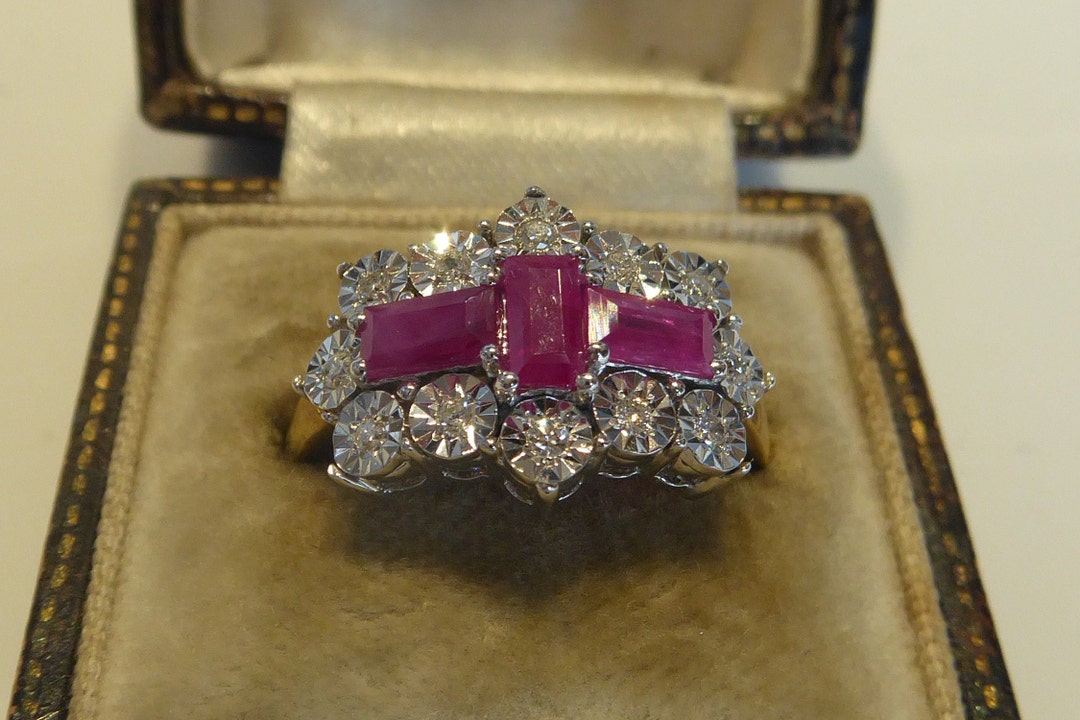 Solid 9ct Gold Real Diamond & Ruby Art Deco Inspired Ring - Etsy