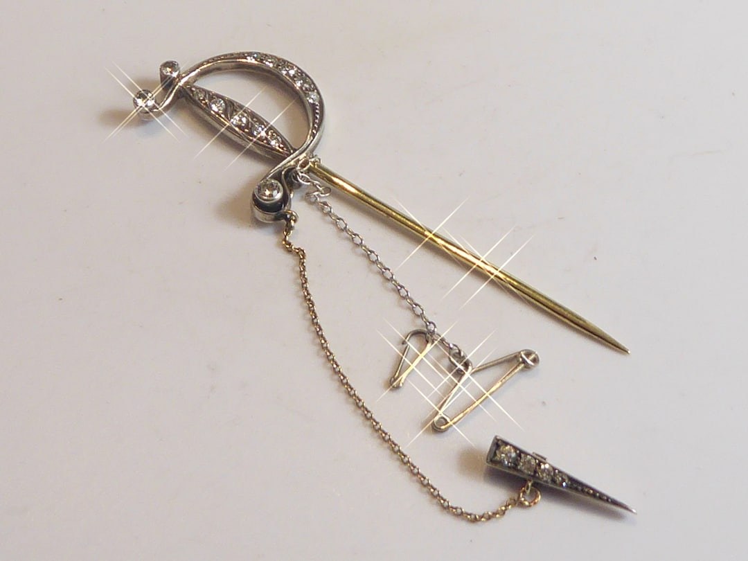 Antique Victorian Sword Pin Jabot Brooch Set With Real Diamonds 15ct ...