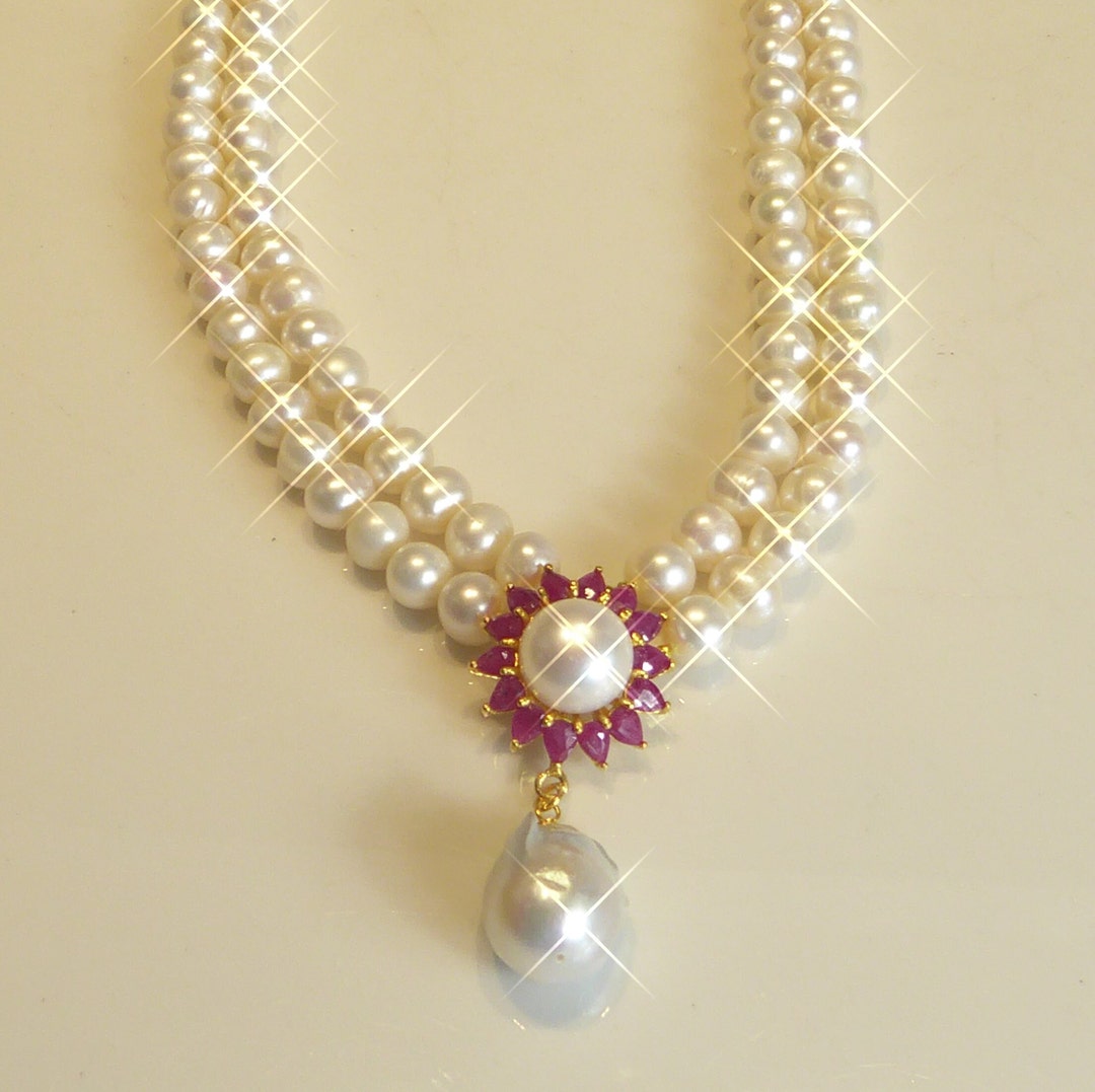Silver Gold Real Ruby & Pearl Necklace Finished With Large Baroque ...