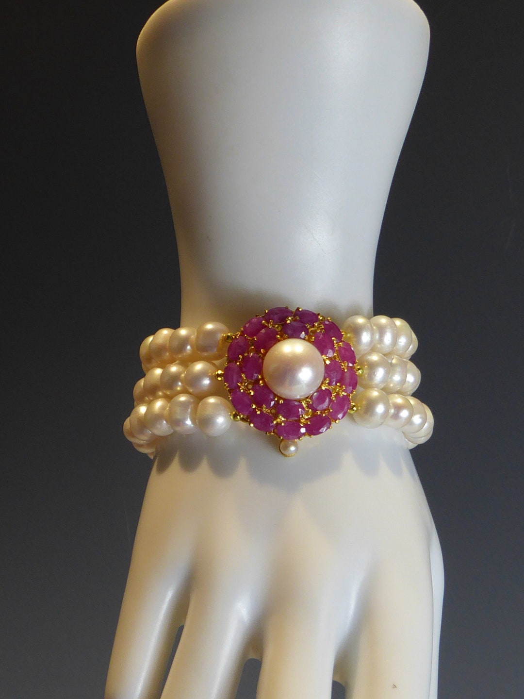 Fine Silver Gold Real Ruby Set 3 Row Real Pearl Bracelet - Etsy