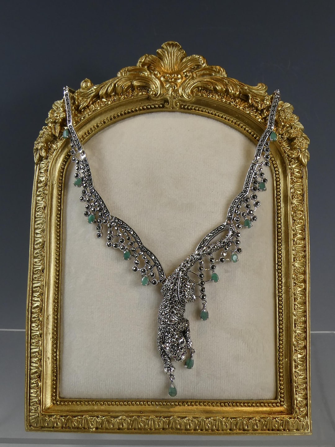 Fine Solid Silver Art Deco Style Real Emerald Marcasite Panther Cat ...