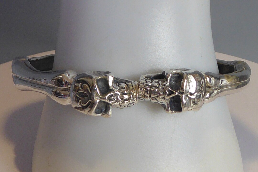 Heavy Silver Skull and Bones Bangle - Etsy UK