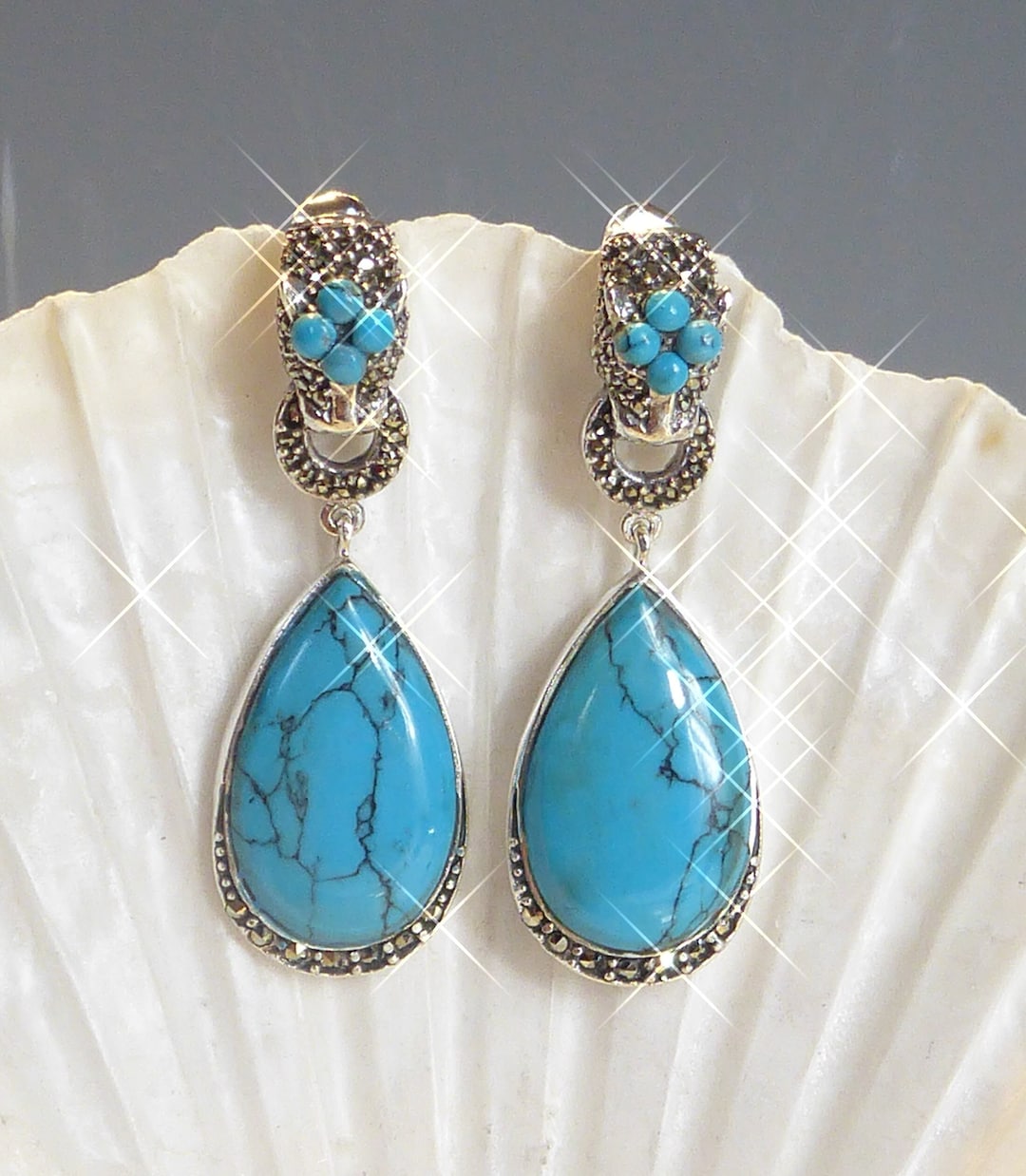 Fine Silver Turquoise & Marcasite Panther Cat Head Earrings - Etsy