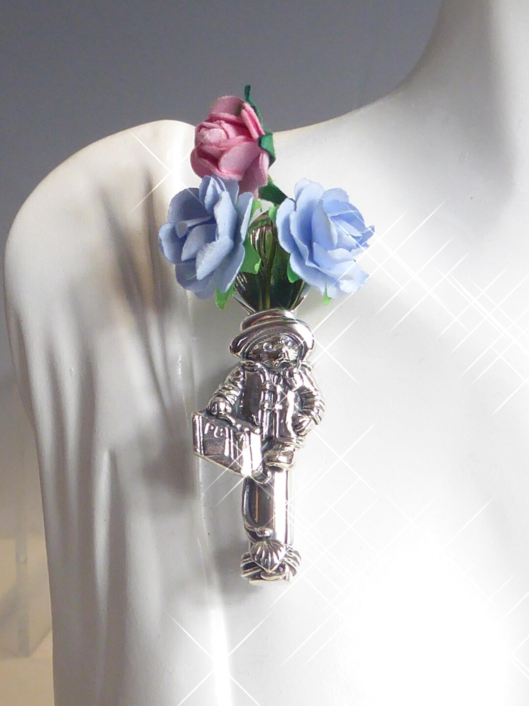 Fine Solid Silver Tussie Mussie Flower Posy Holder Bear Brooch - Etsy