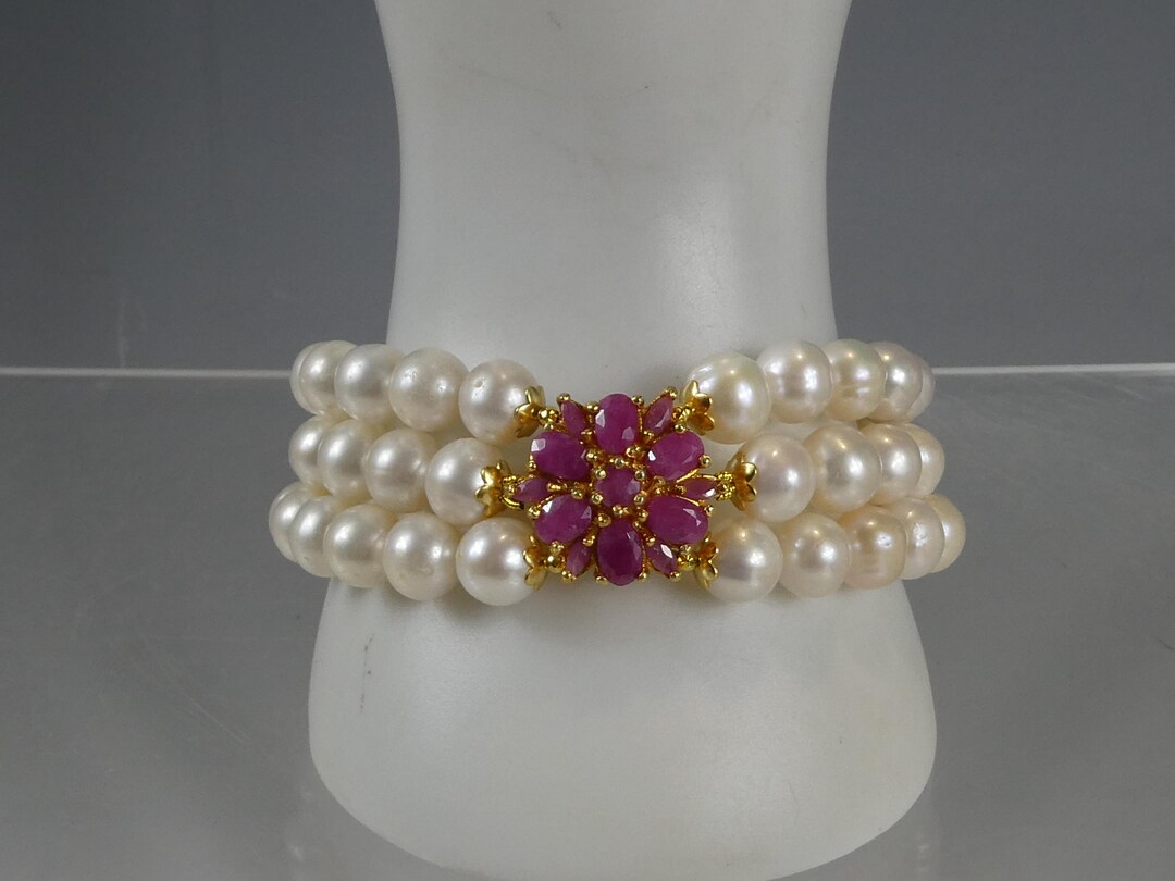 Fine Silver Gold Real Ruby Set 3 Row Real Pearl Bracelet - Etsy