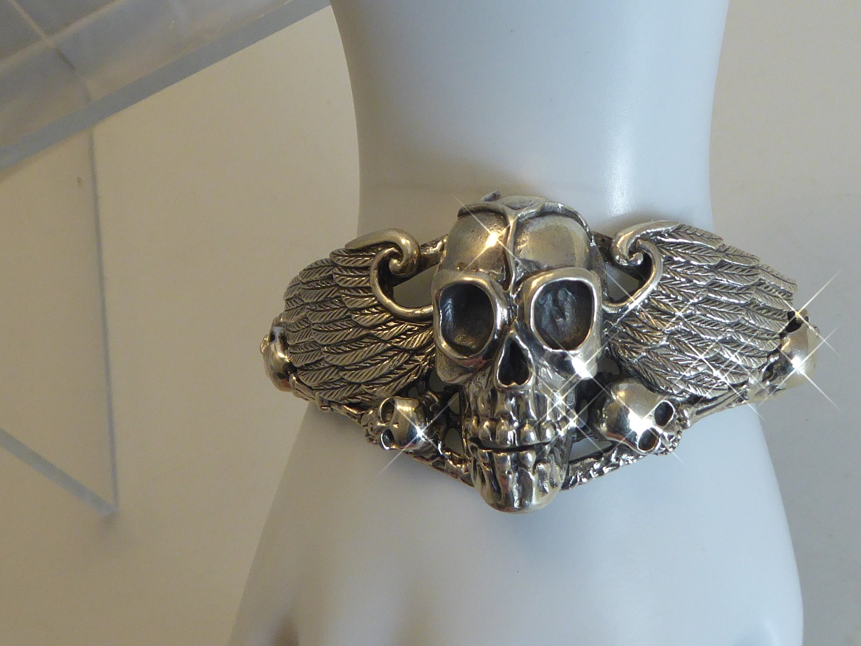 Heavy Solid Silver Winged Skull Bangle - Etsy