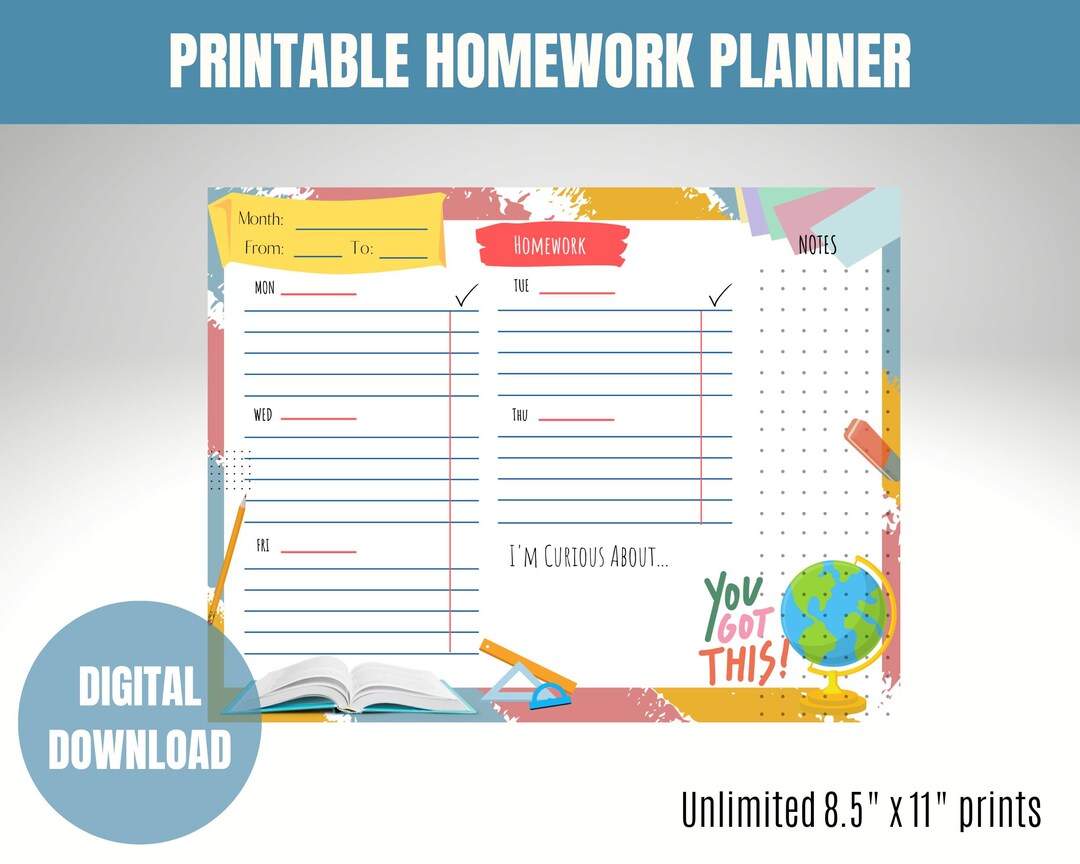 Homework Weekly Calendar/ School Planner/ Project Agenda/ Kids ...