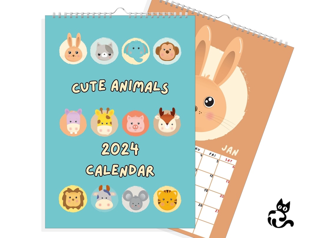 Cute Animals 2024 Calendar Animals Illustrations Calendar, 12 Months ...