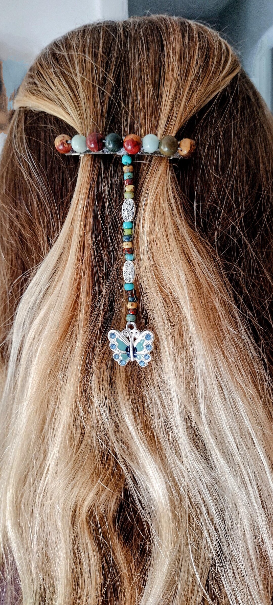Beaded Barrette With Natural Colored Beads, Hanging Blue Butterfly ...