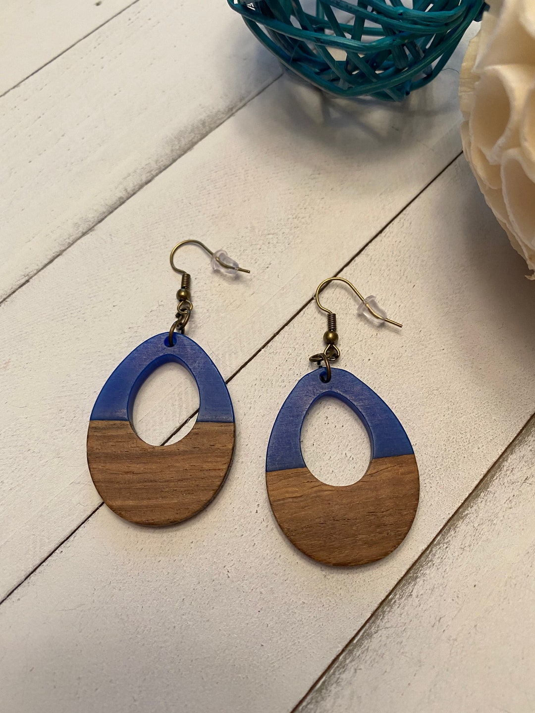 NEW Clear Blue Resin and Wood Teardrop Earrings - Etsy