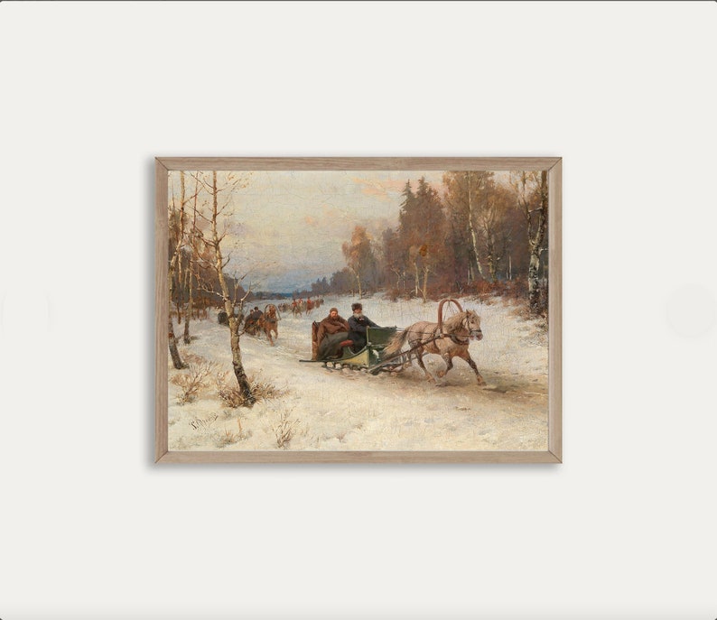Christmas Sleigh Ride 19th Century Vintage Framed Print, Snow Landscape ...