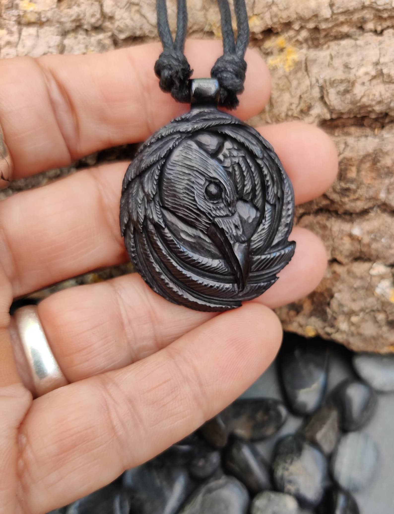 Raven Crow Bone Pendant Hand Carved Round With Wings - Etsy