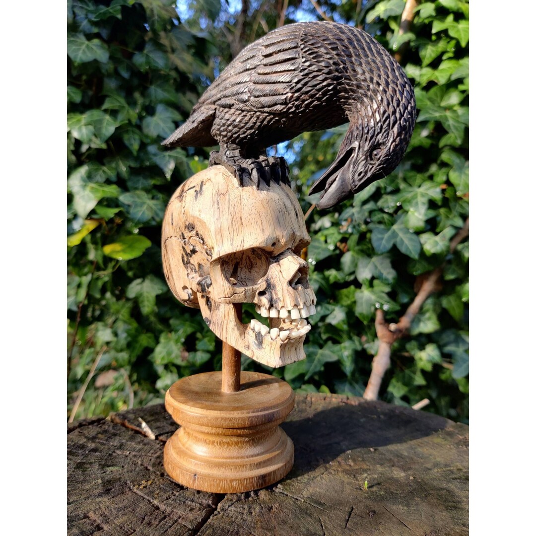 Raven and Skull Carving Unique Wood Sculpture Steampunk Gift - Etsy