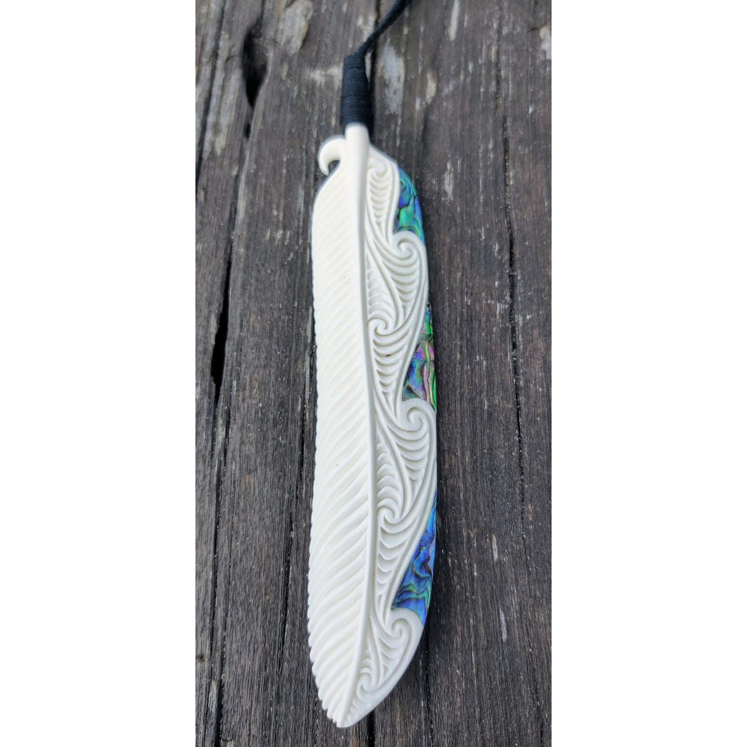 Extra Large Bone Maori Style Feather Pendant, Shell Inlay - Etsy