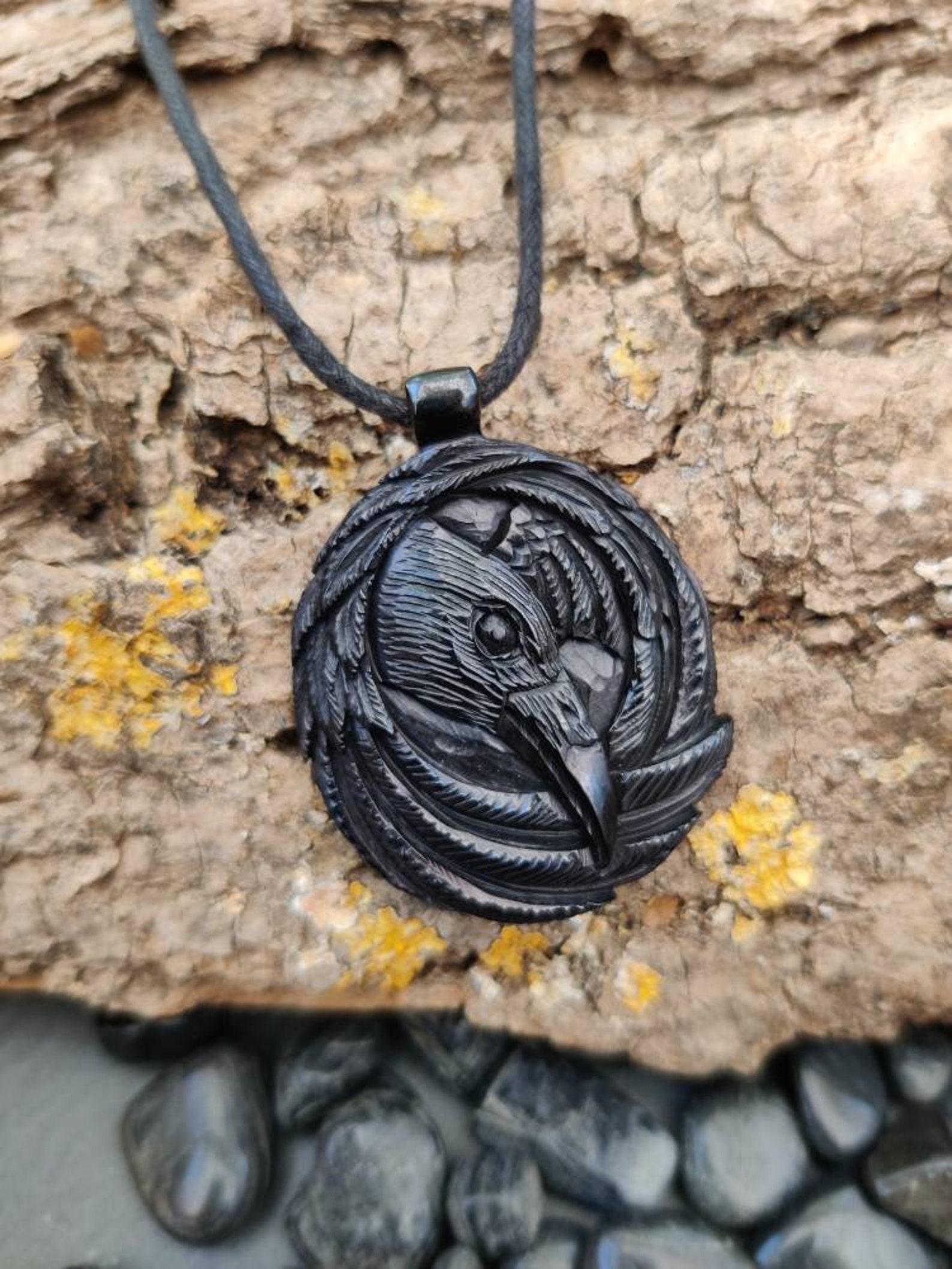 Raven Crow Bone Pendant Hand Carved Round With Wings - Etsy