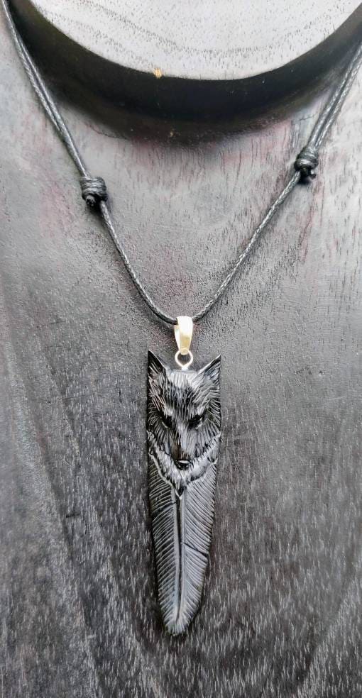 Wolf Feather Spirit Totem Pendant Black Bone Wolf Necklace - Etsy UK