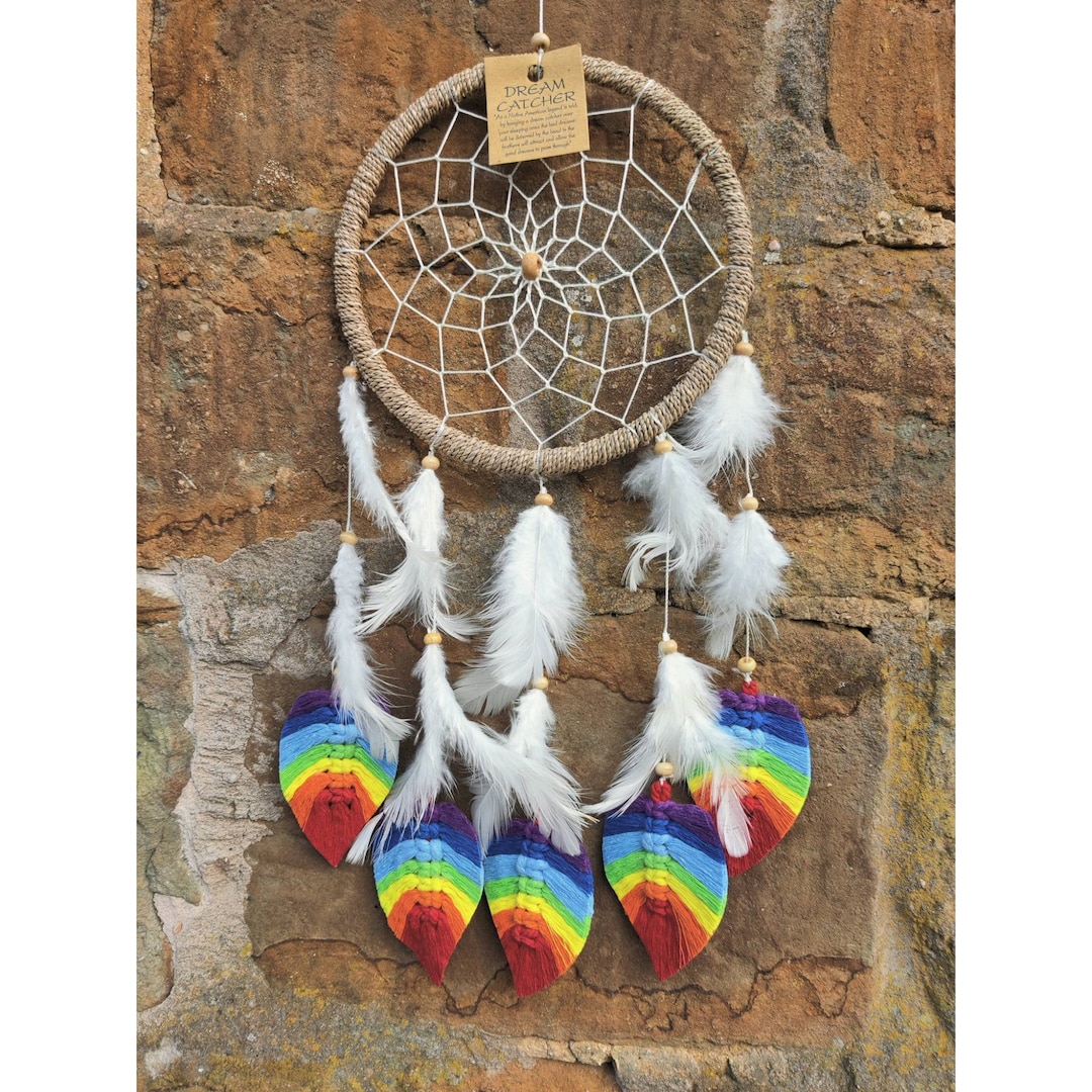 Rainbow Leaf Dreamcatcher, White Feathers, Hemp String - Etsy