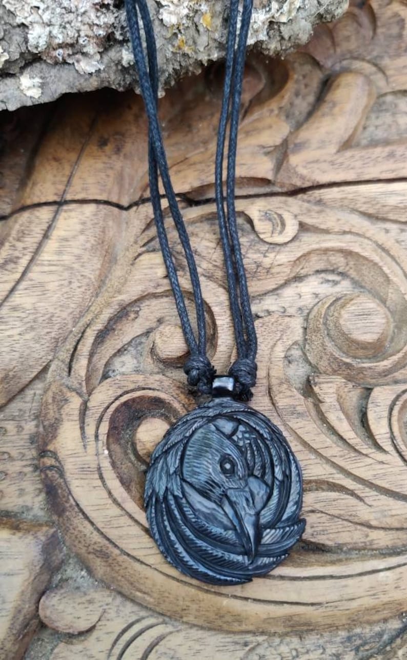Raven Crow Bone Pendant Hand Carved Round With Wings - Etsy