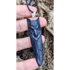 Wolf Feather Spirit Totem Pendant, Black Bone Wolf Necklace, Silver ...