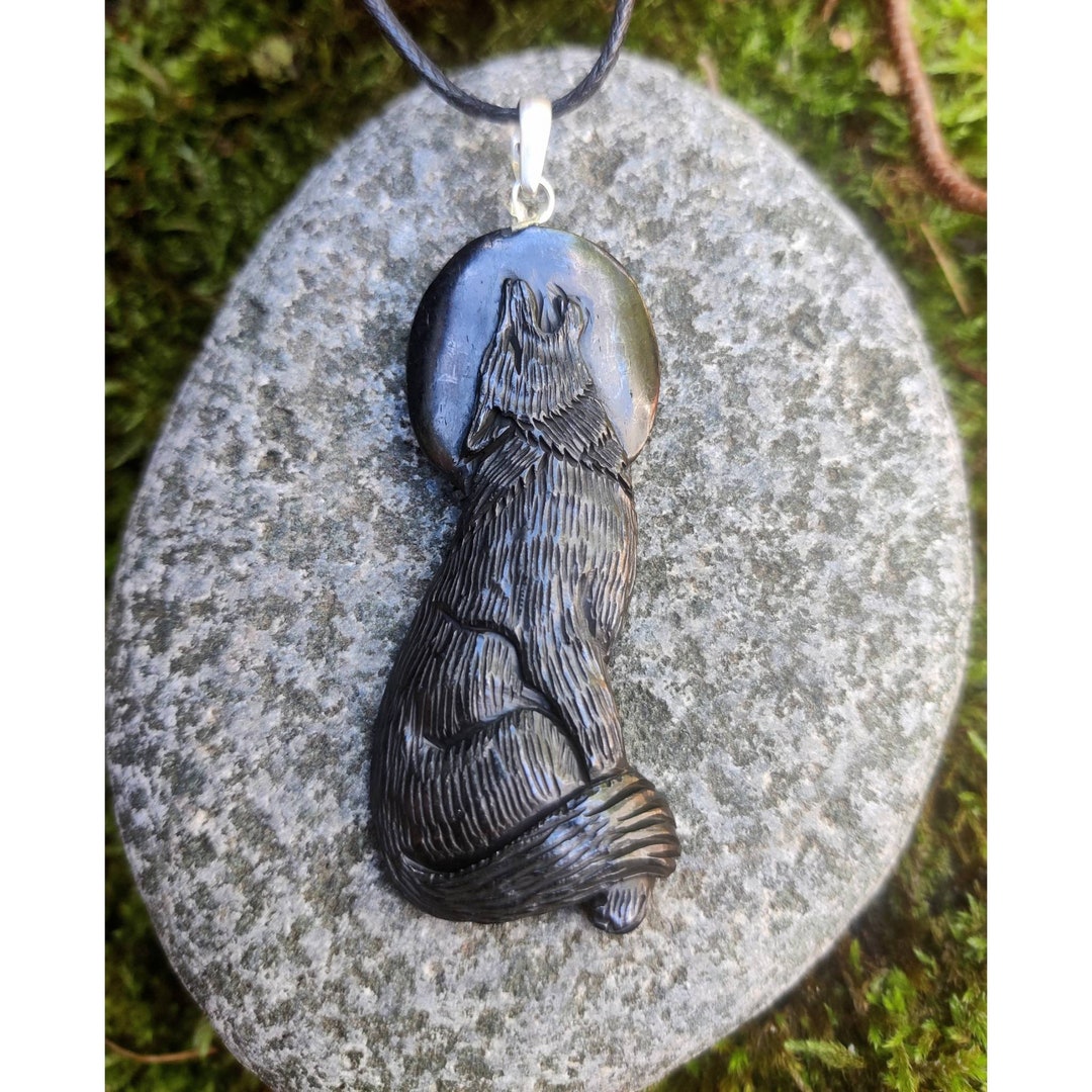 Bone Wolf Howling at the Moon Pendant, Black Colour, Silver Loop - Etsy