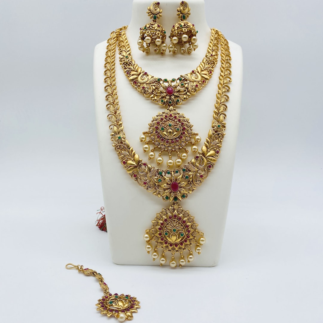 Premium South Indian Gold-ruby Temple Jewelry Antique Matte Finish ...