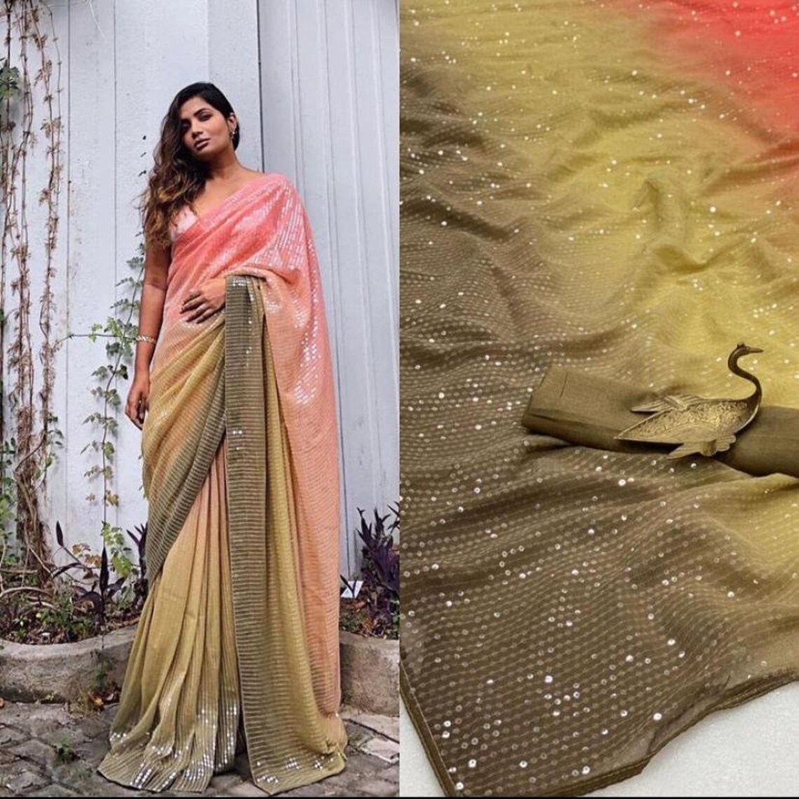 New Beautiful Heavy Sequence Embroidery Saree With Ruffle - Etsy