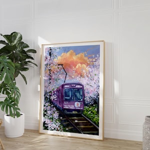 Spring Train Art Print: Cherry Blossom Gouache Painting, Floral Nature ...