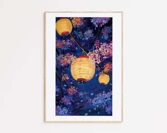Cherry Blossom Lantern Gouache Painting: Midnight Spring Art (digital ...