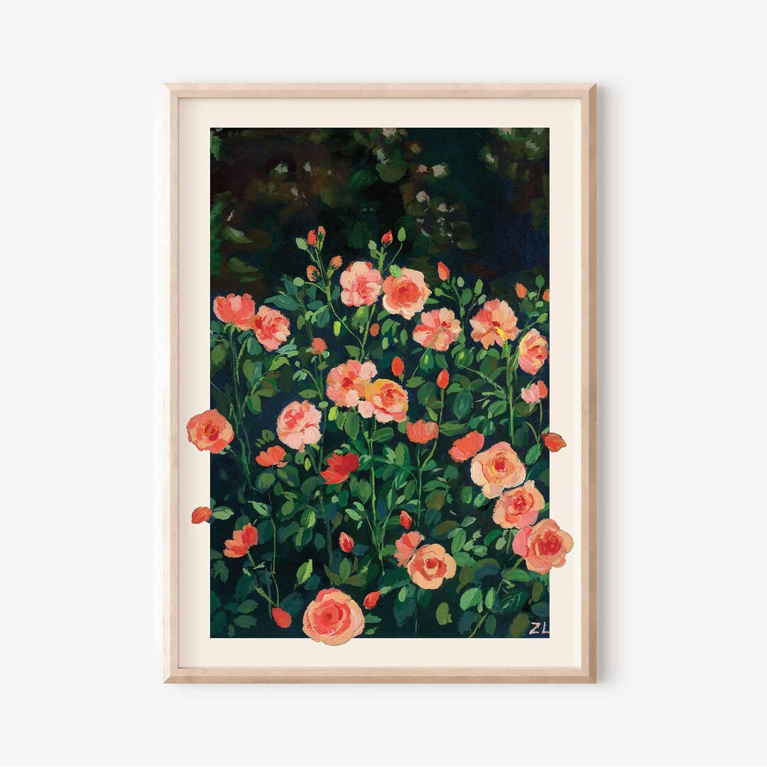Coral Rose Gouache Painting Art Print: Botanical Garden Flower ...