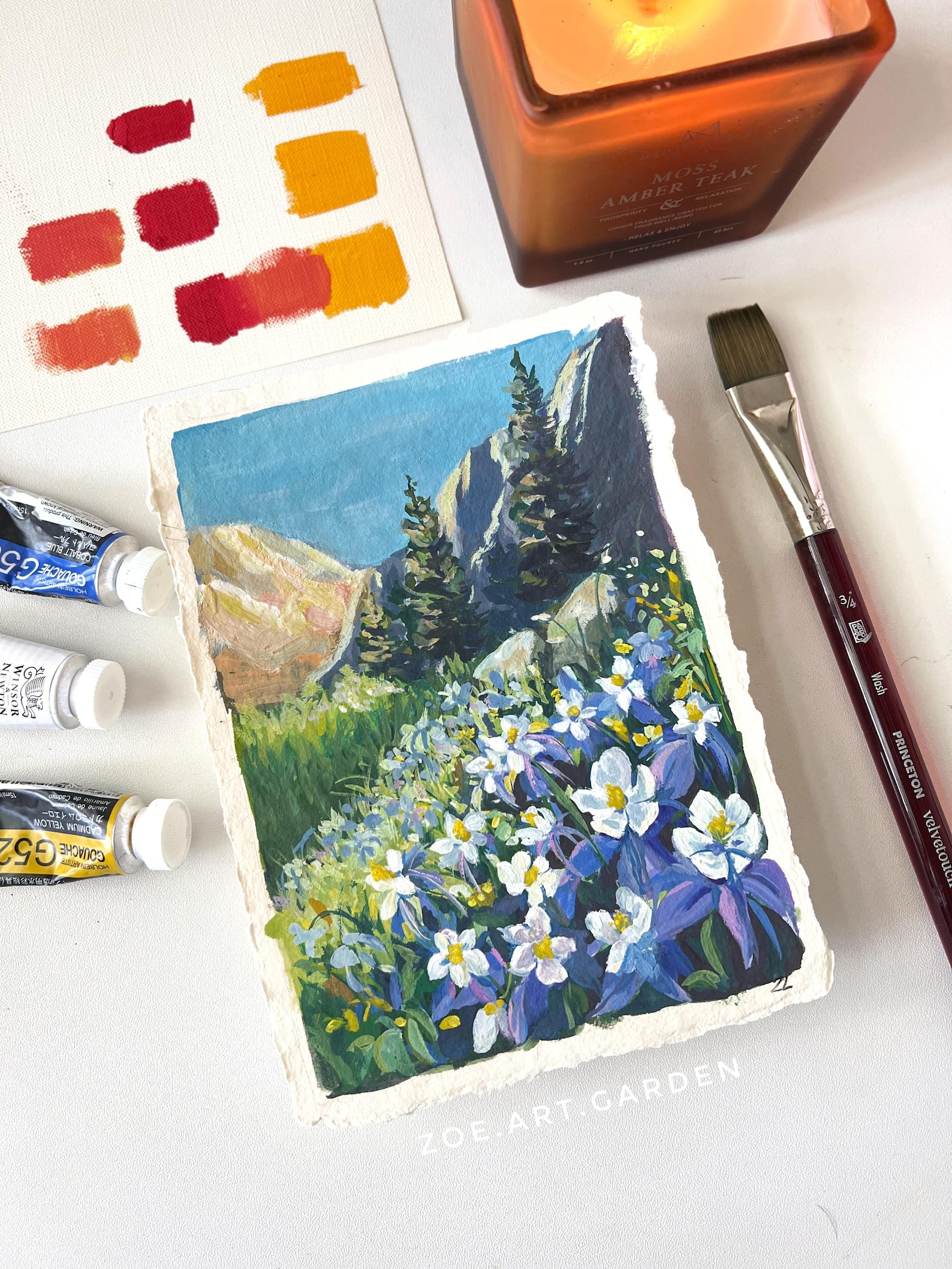 Blue Columbine Gouache Painting: Colorado Wildflower Art, 5x7 Handmade ...