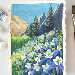 Blue Columbine Gouache Painting: Colorado Wildflower Art, 5x7 Handmade ...