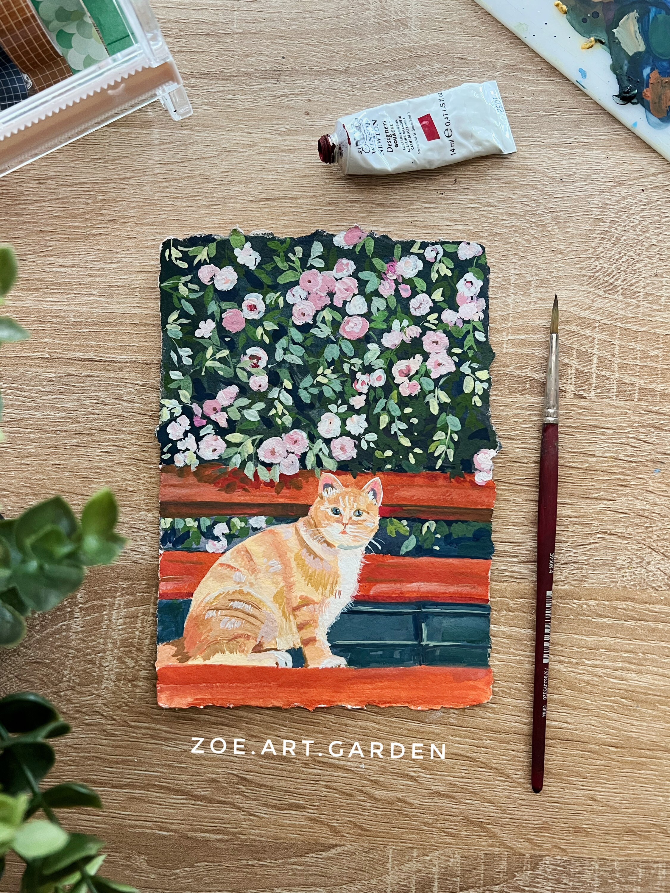 Original Cat and Rose Gouache Painting – Whimsical Animal Wall Art ...
