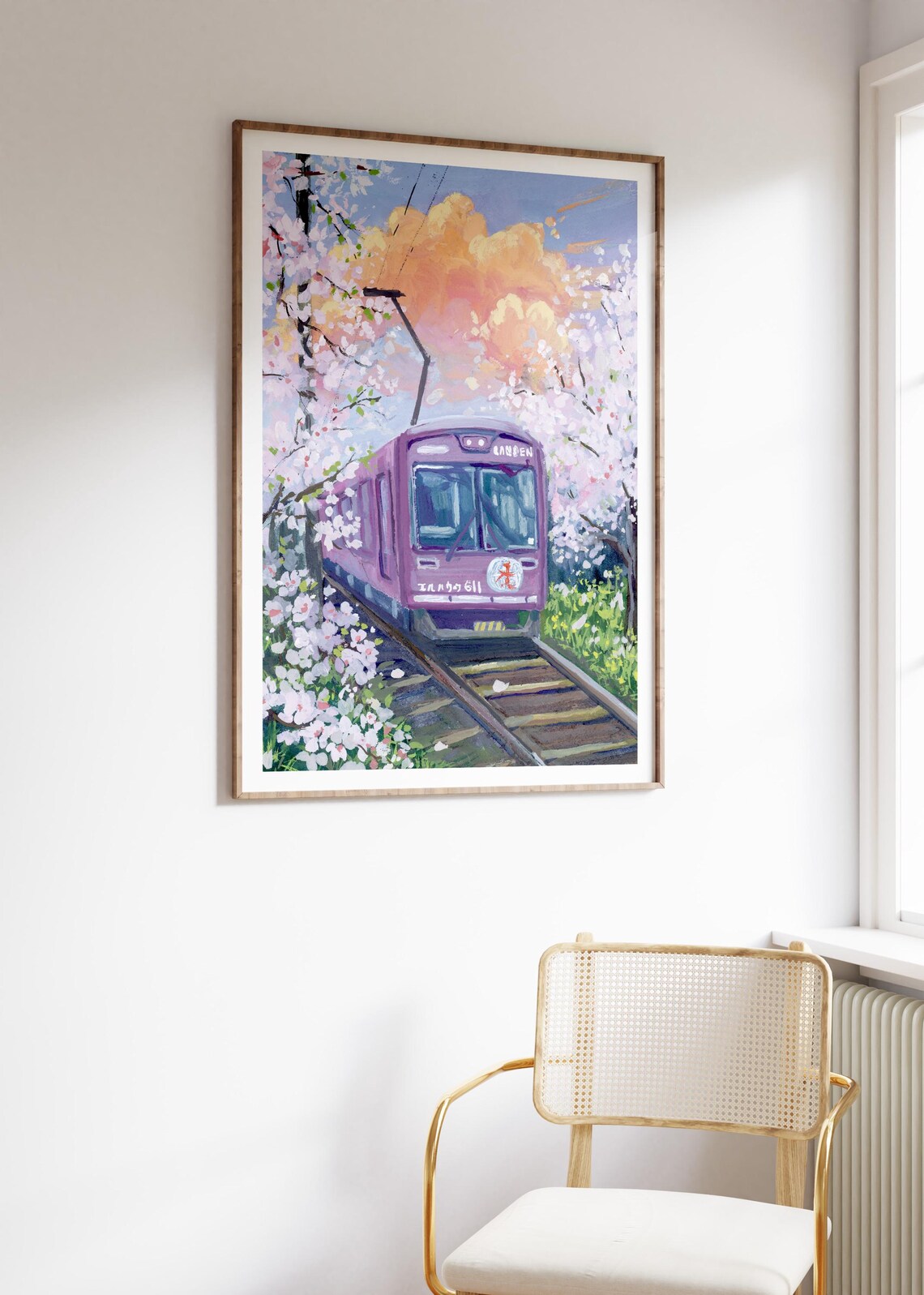 Spring Train Art Print: Cherry Blossom Gouache Painting, Floral Nature ...