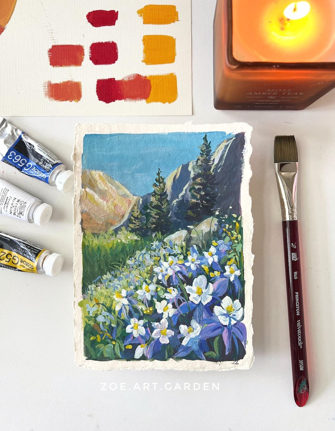 Blue Columbine Gouache Painting: Colorado Wildflower Art, 5x7 Handmade ...