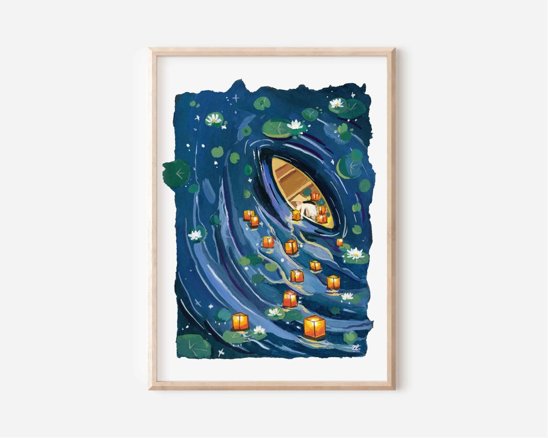 Floating Lanterns on the River Lantern Painting Night Sky Illustration ...