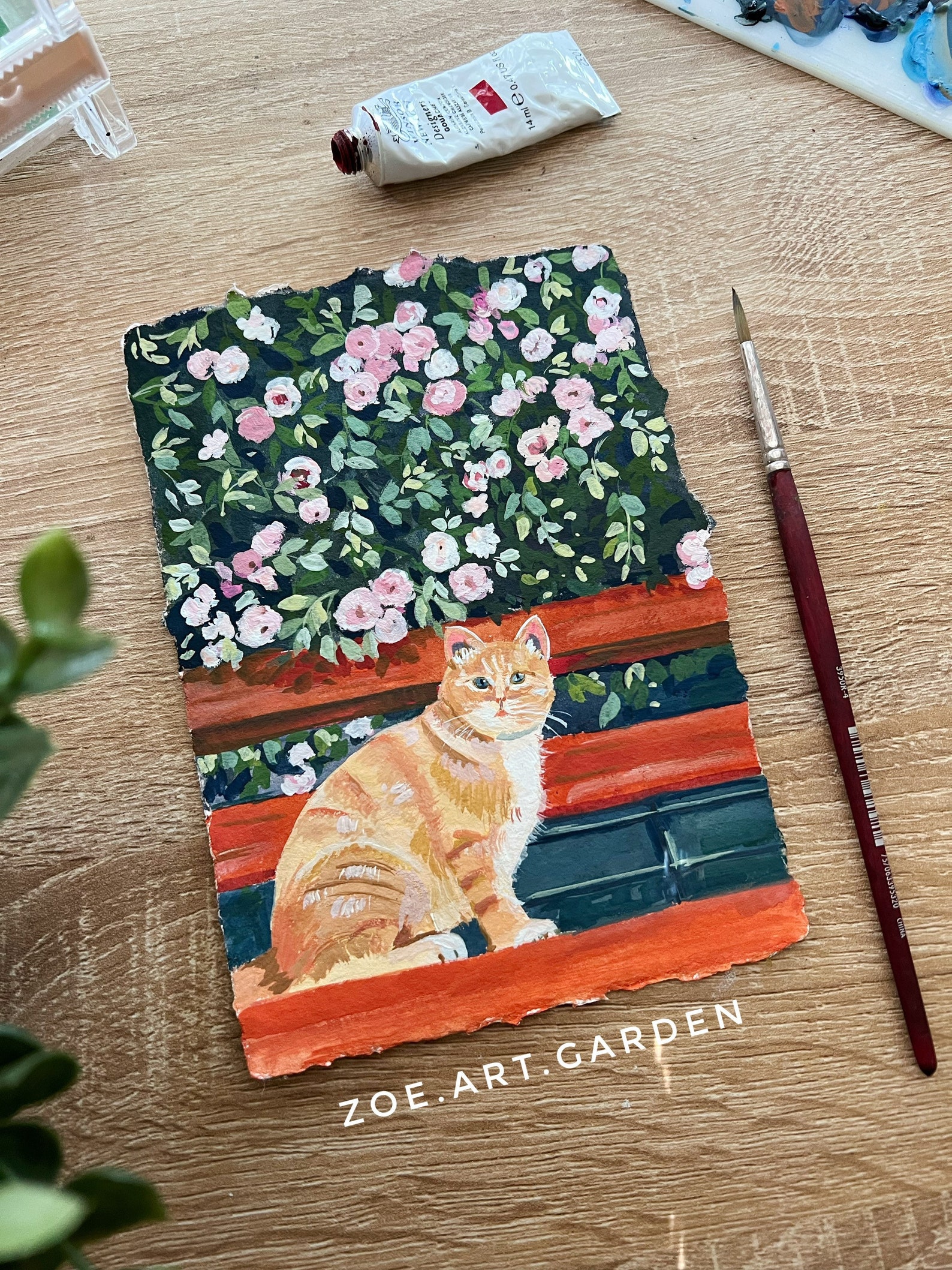 Original Cat and Rose Gouache Painting – Whimsical Animal Wall Art ...