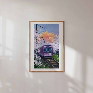 Spring Train and Blossom Gouache Painting Cherry Blossom Art Nature Art ...
