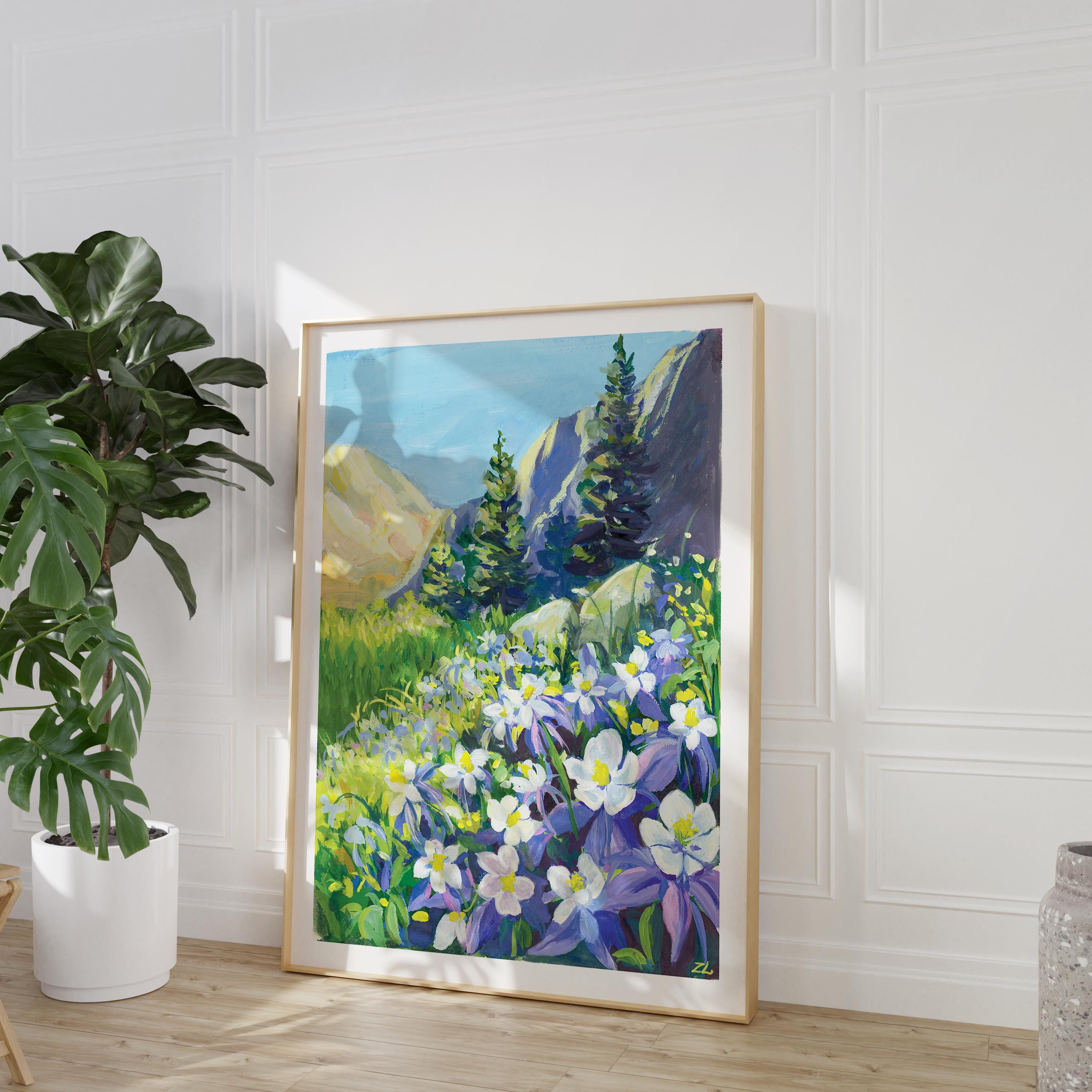 Blue Columbine Gouache Painting: Colorado Wildflower Art, 5x7 Handmade ...