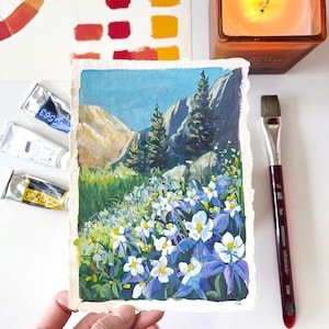Blue Columbine Gouache Painting: Colorado Wildflower Art, 5x7 Handmade ...