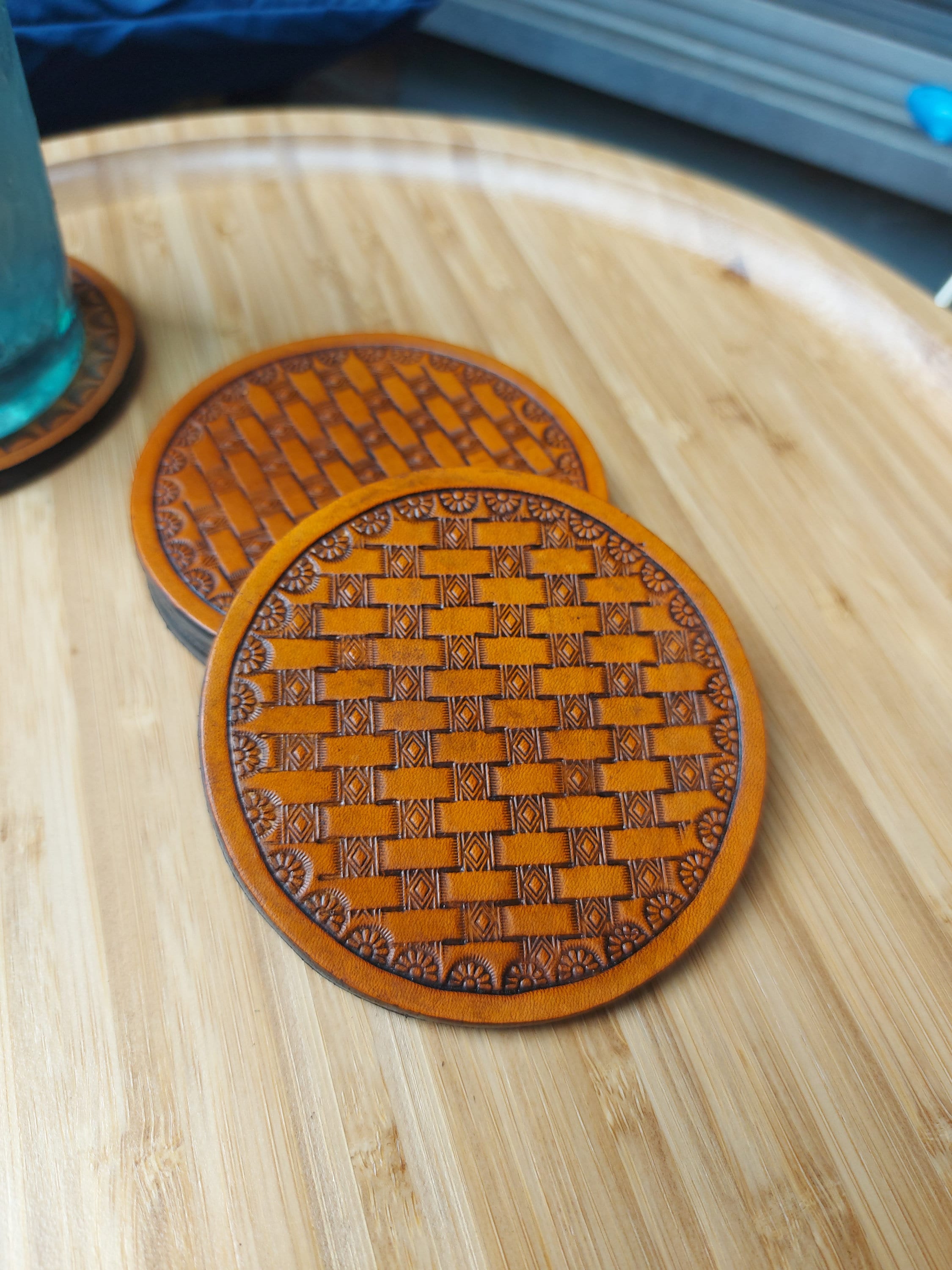 Set of 4 Tan Geometric Basketweave/flower Leather Coasters, Handmade ...