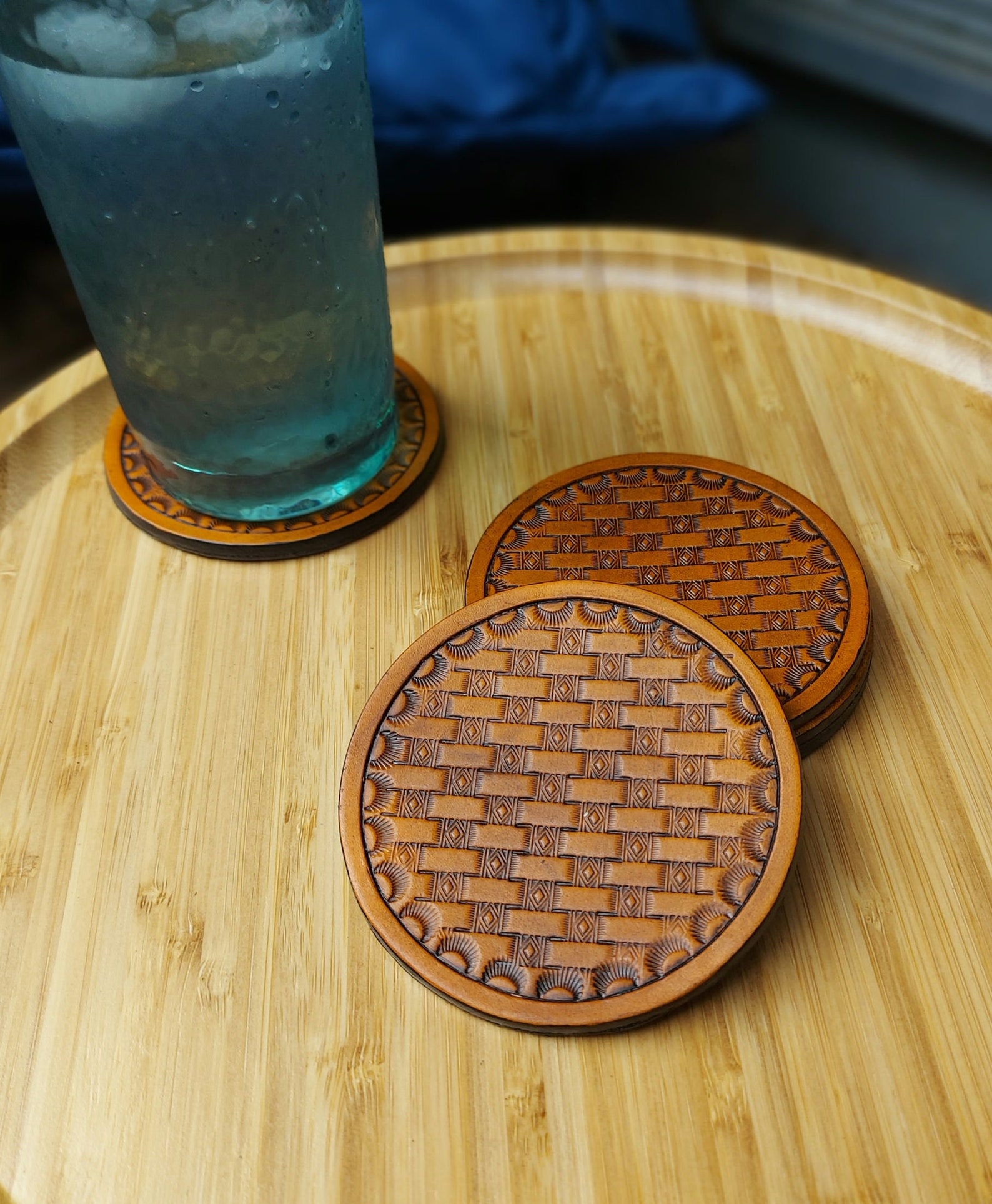 Set of 4 Tan Geometric Basketweave/sunburst Leather Coasters, Handmade ...