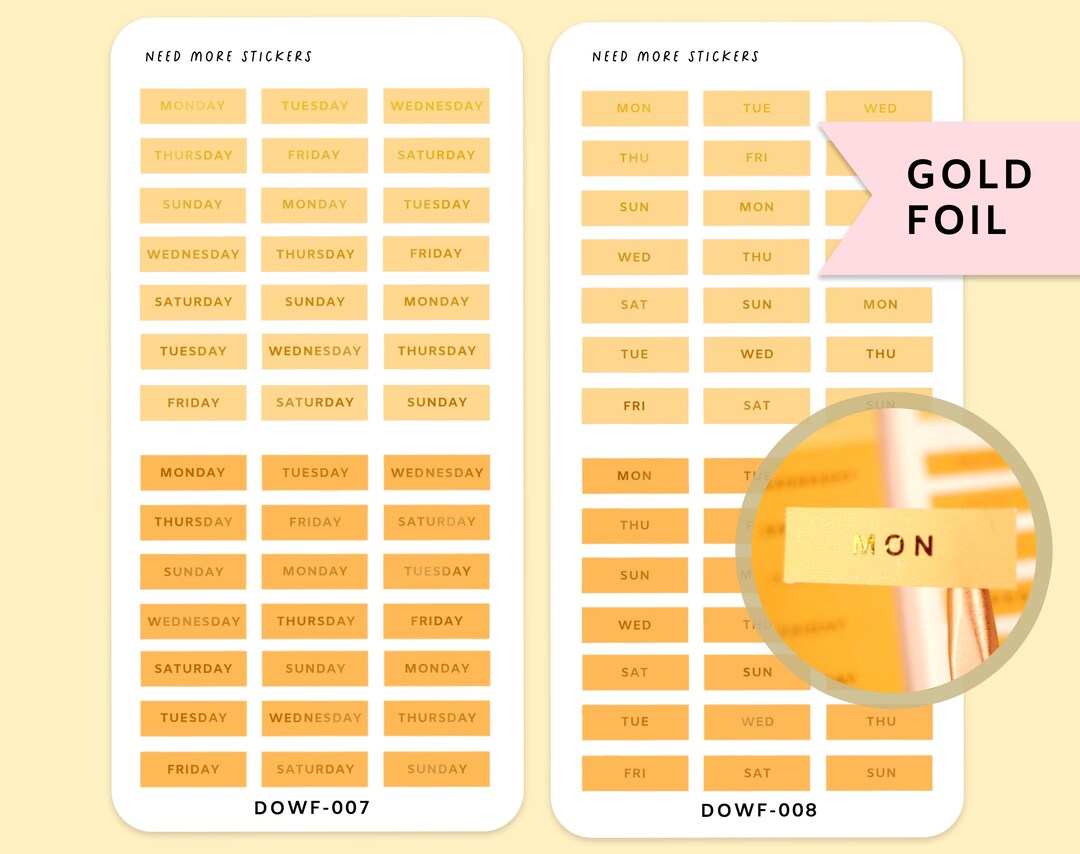 Gold Foil Color Background Days of the Week Functional Planner Sticker ...