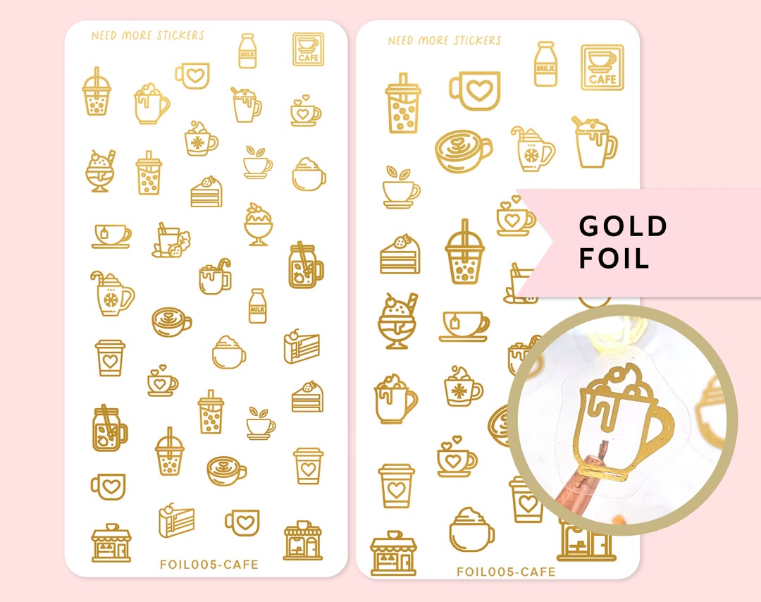 Gold Foil Coffee Icon Stickers for Planner Diary Journer, Drink Gold ...
